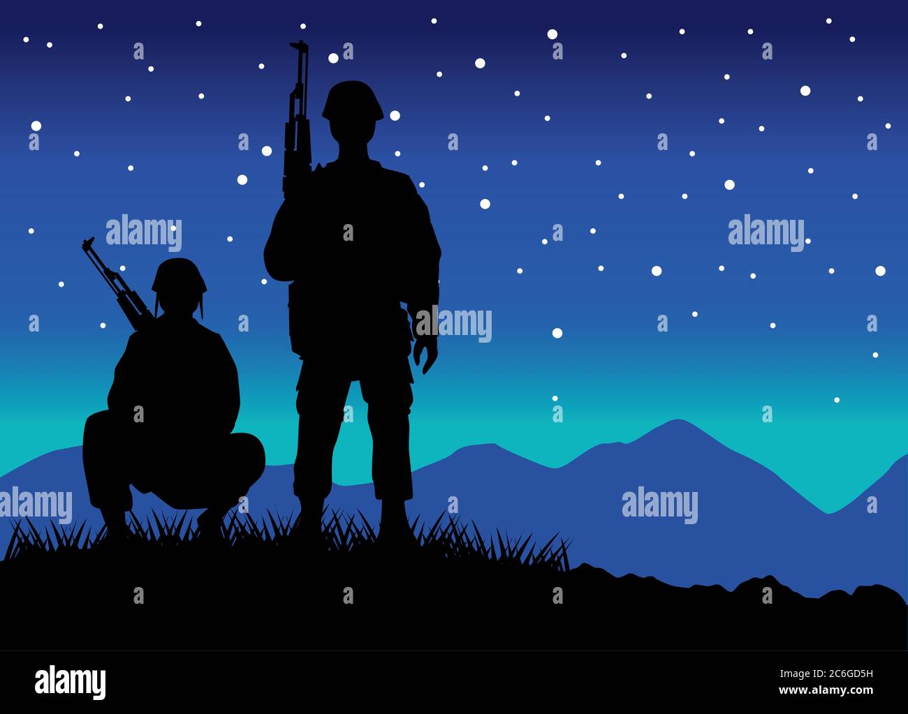military soldiers with guns silhouettes figures at night scene vector ...