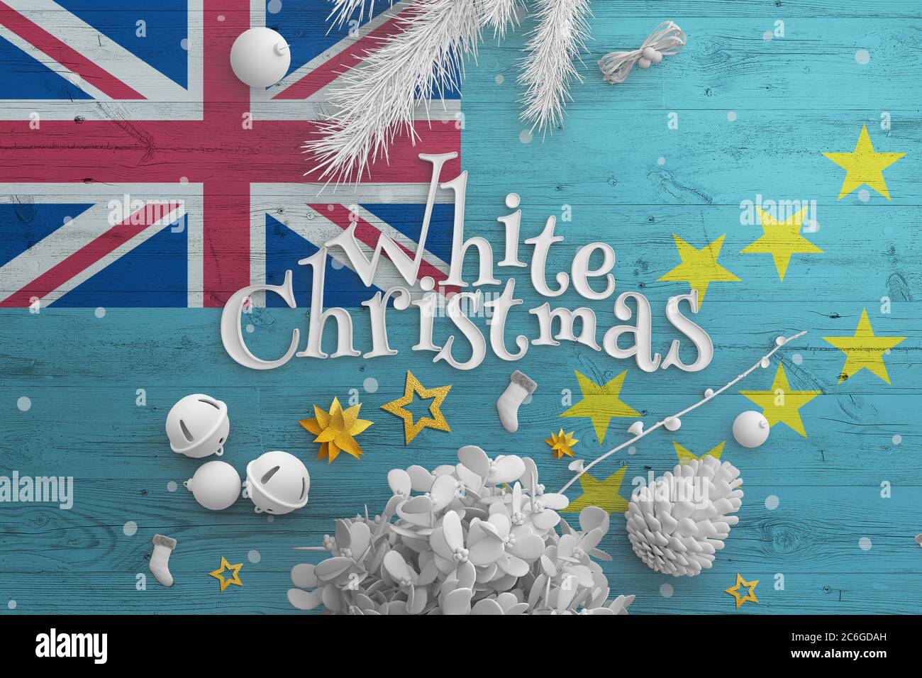 Tuvalu flag on wooden table with White Christmas text. Christmas and ...