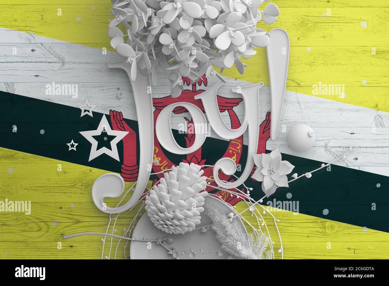 Brunei flag on wooden table with Joy text. Christmas and new year ...