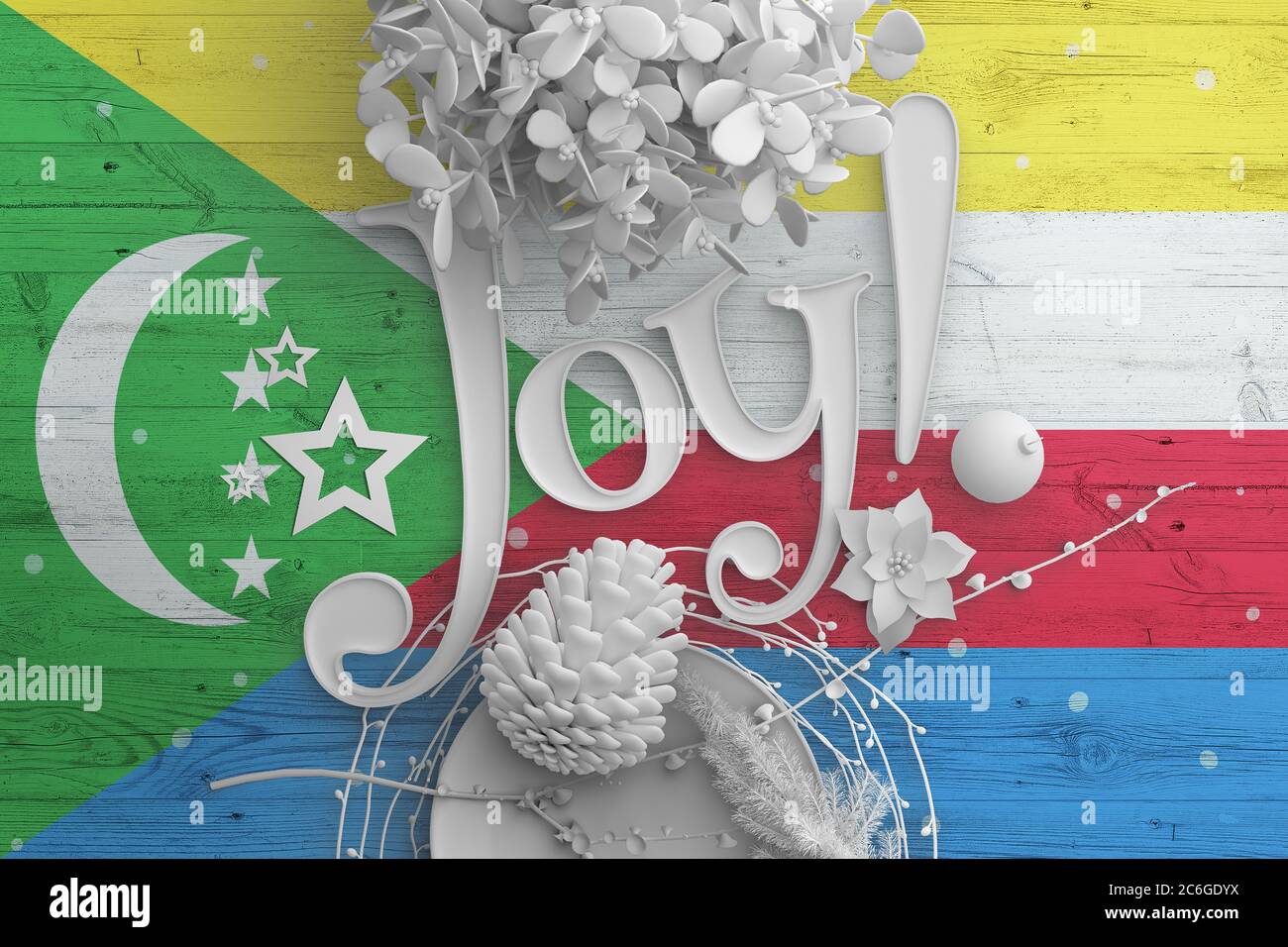 Comoros flag on wooden table with Joy text. Christmas and new year ...