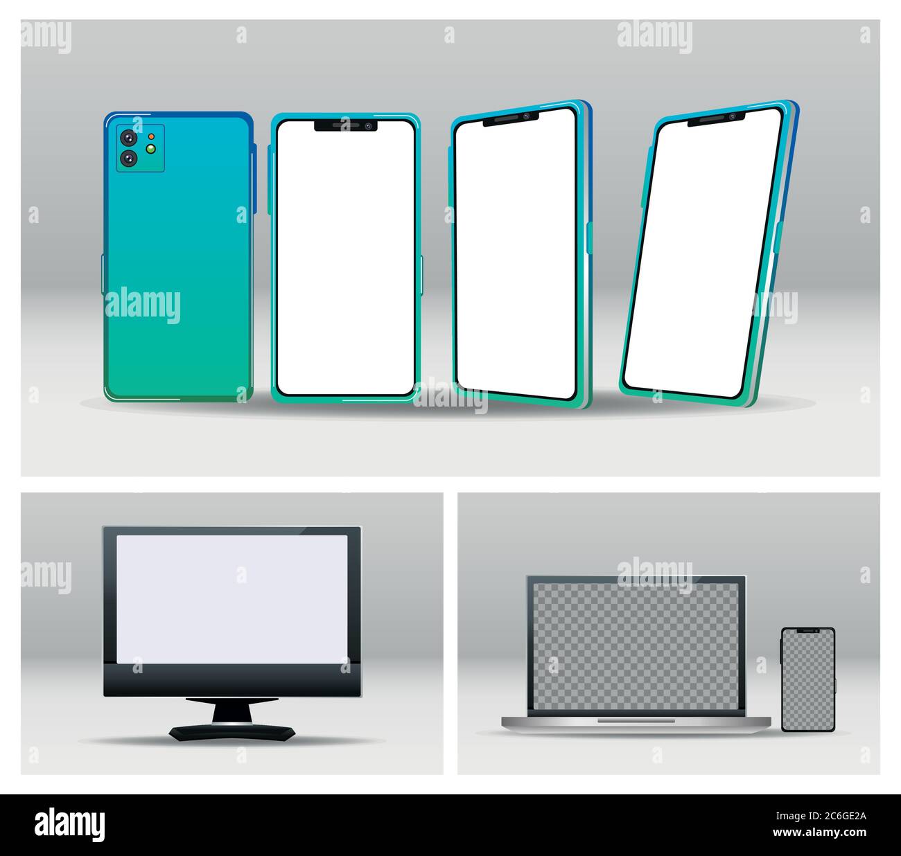 laptop and desktop computers with smartphones vector illustration ...