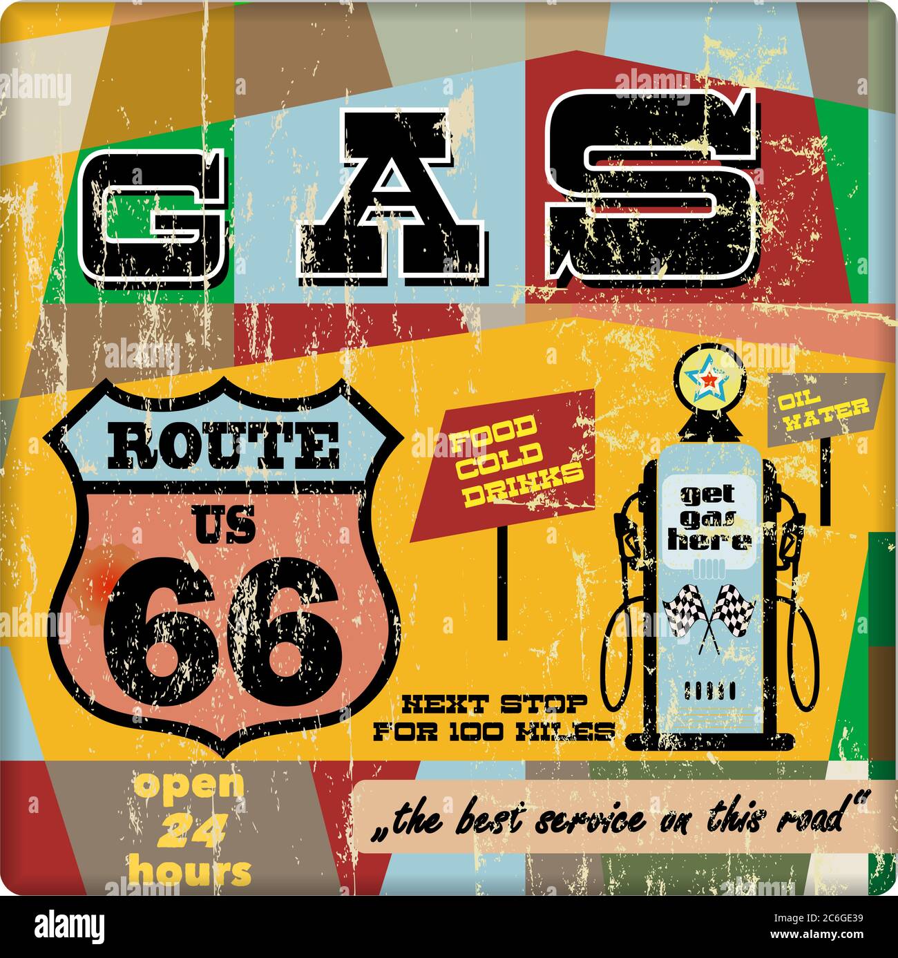 vintage route 66 gas sation sign, retro style vector illustration ...