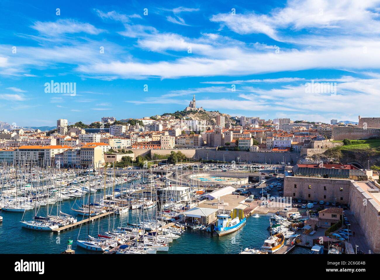 Aerial panoramic view on basilica of Notre Dame de la Garde and old ...