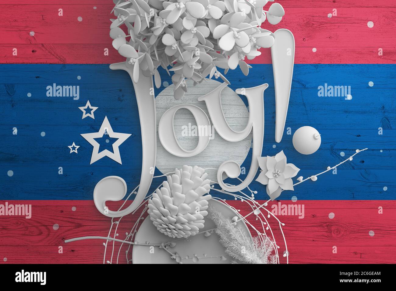 Laos flag on wooden table with Joy text. Christmas and new year ...