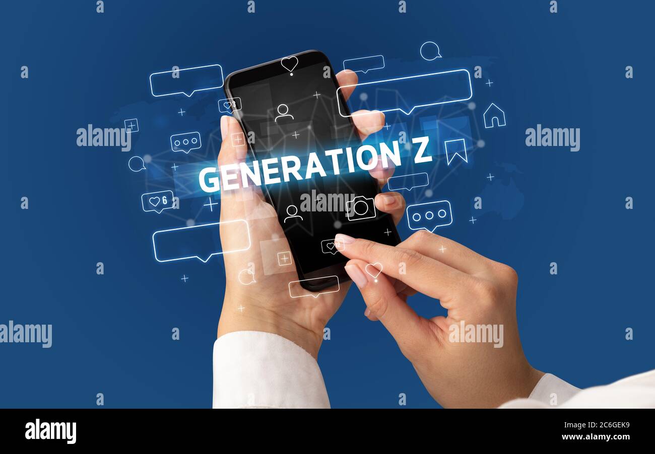 Female hand typing on smartphone with GENERATION Z inscription, social ...