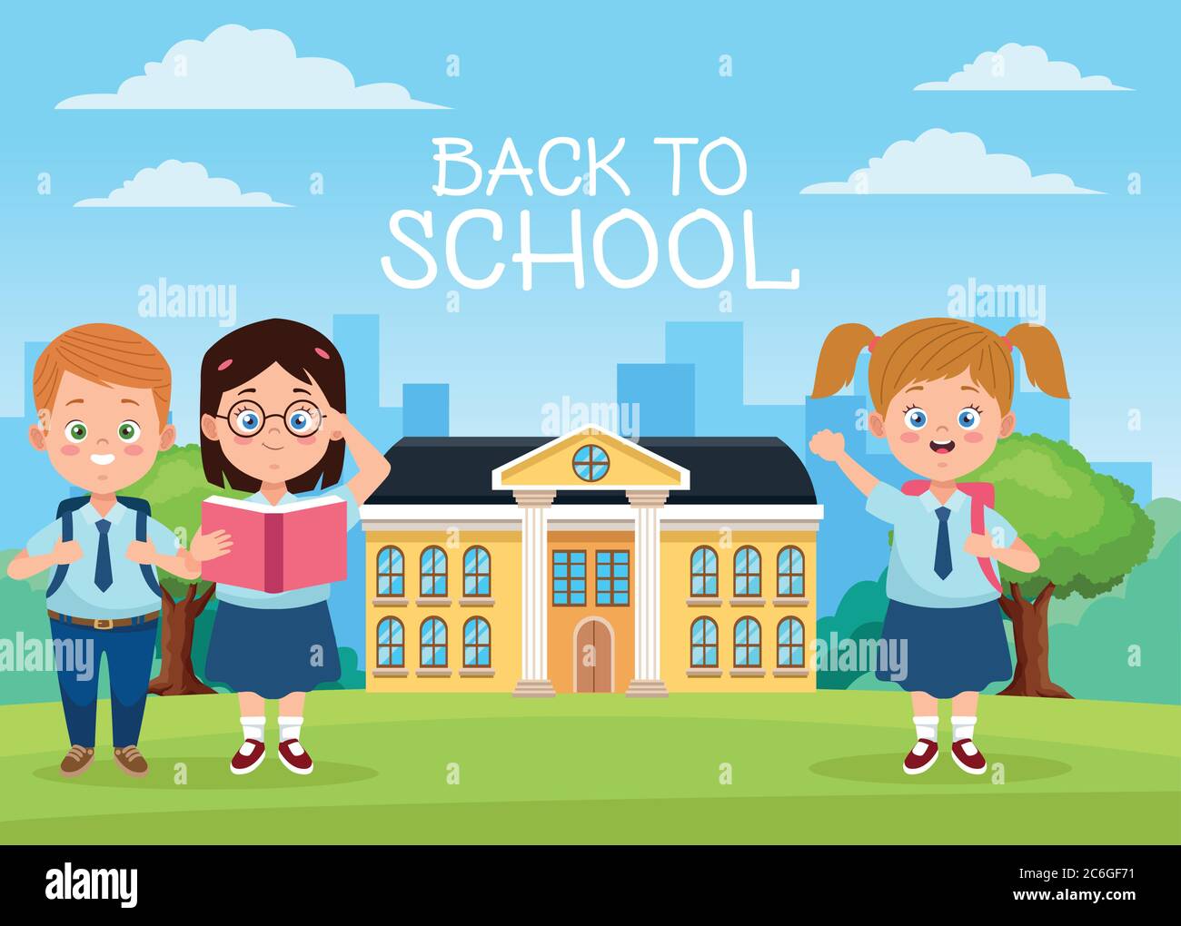 little students group with uniforms in the school characters vector ...