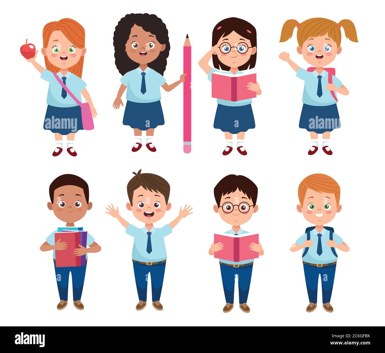 little students group with uniforms characters vector illustration ...