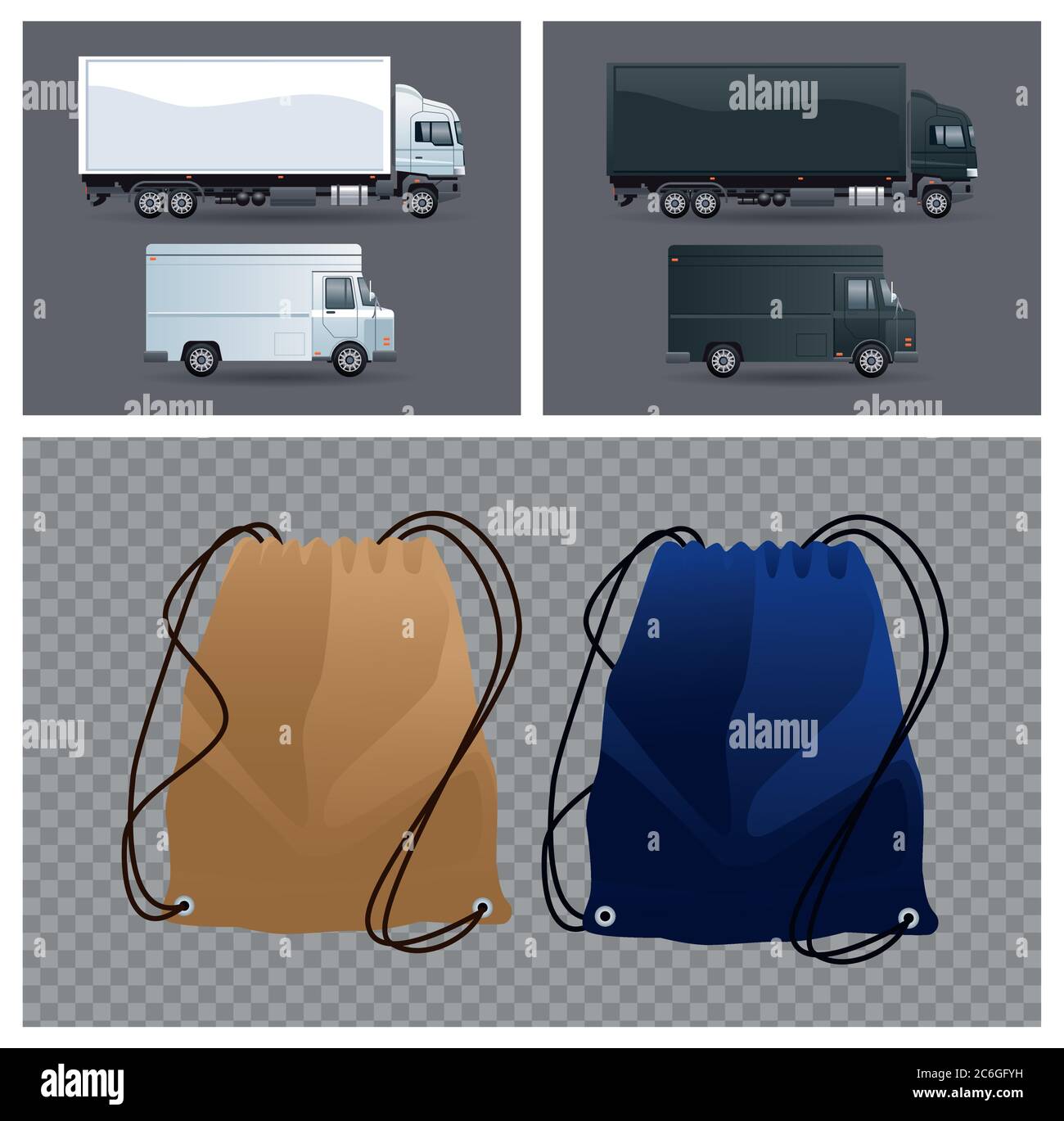 Drawstring packs mockup products and transport vehicles vector ...