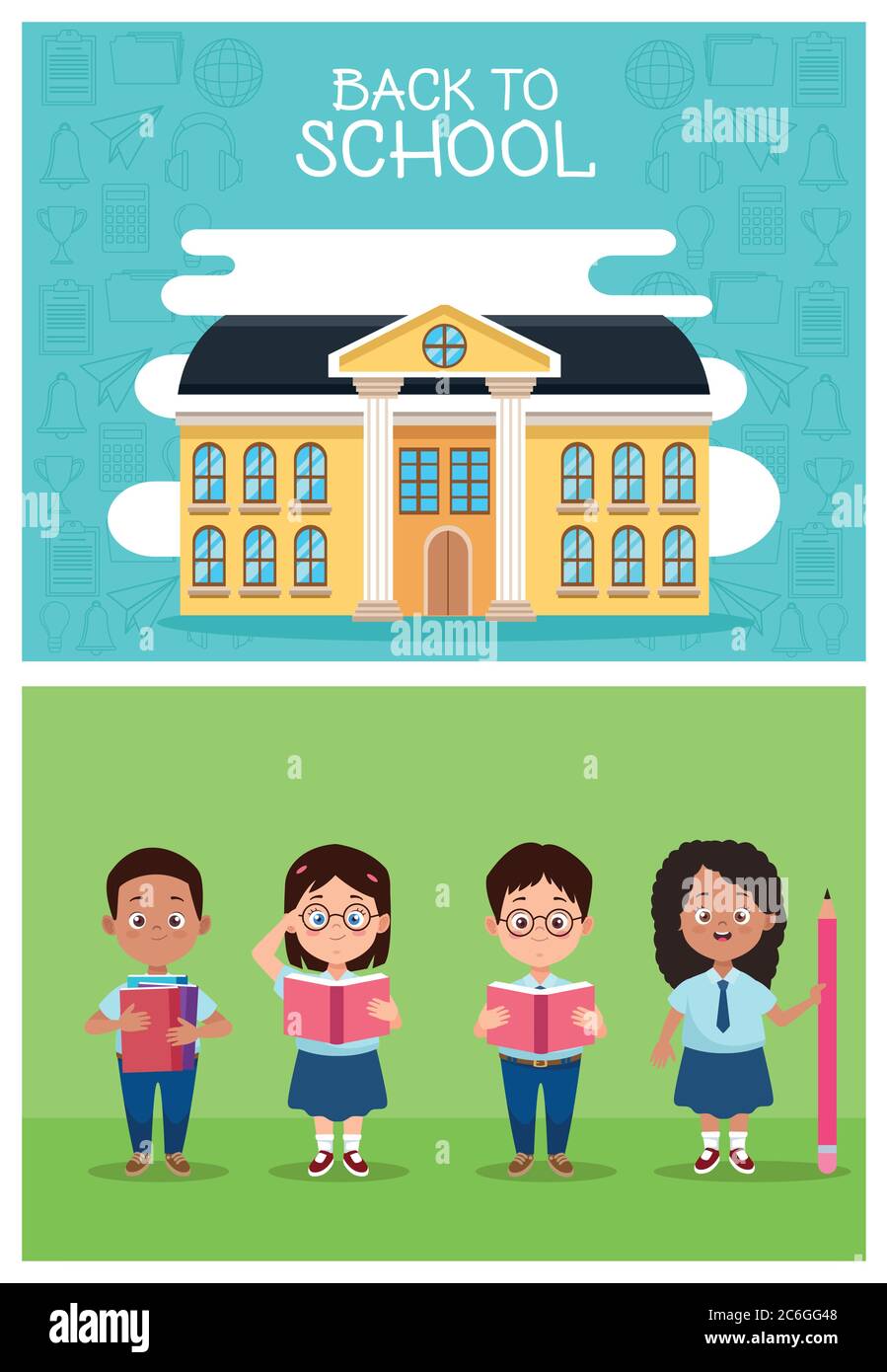 little students group with uniforms and school front characters vector ...