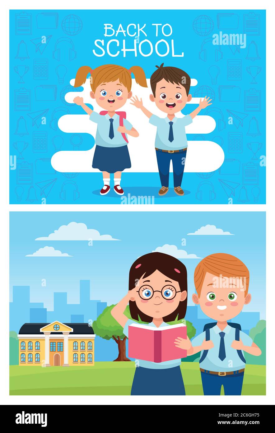 little students group with uniforms in the school characters vector ...