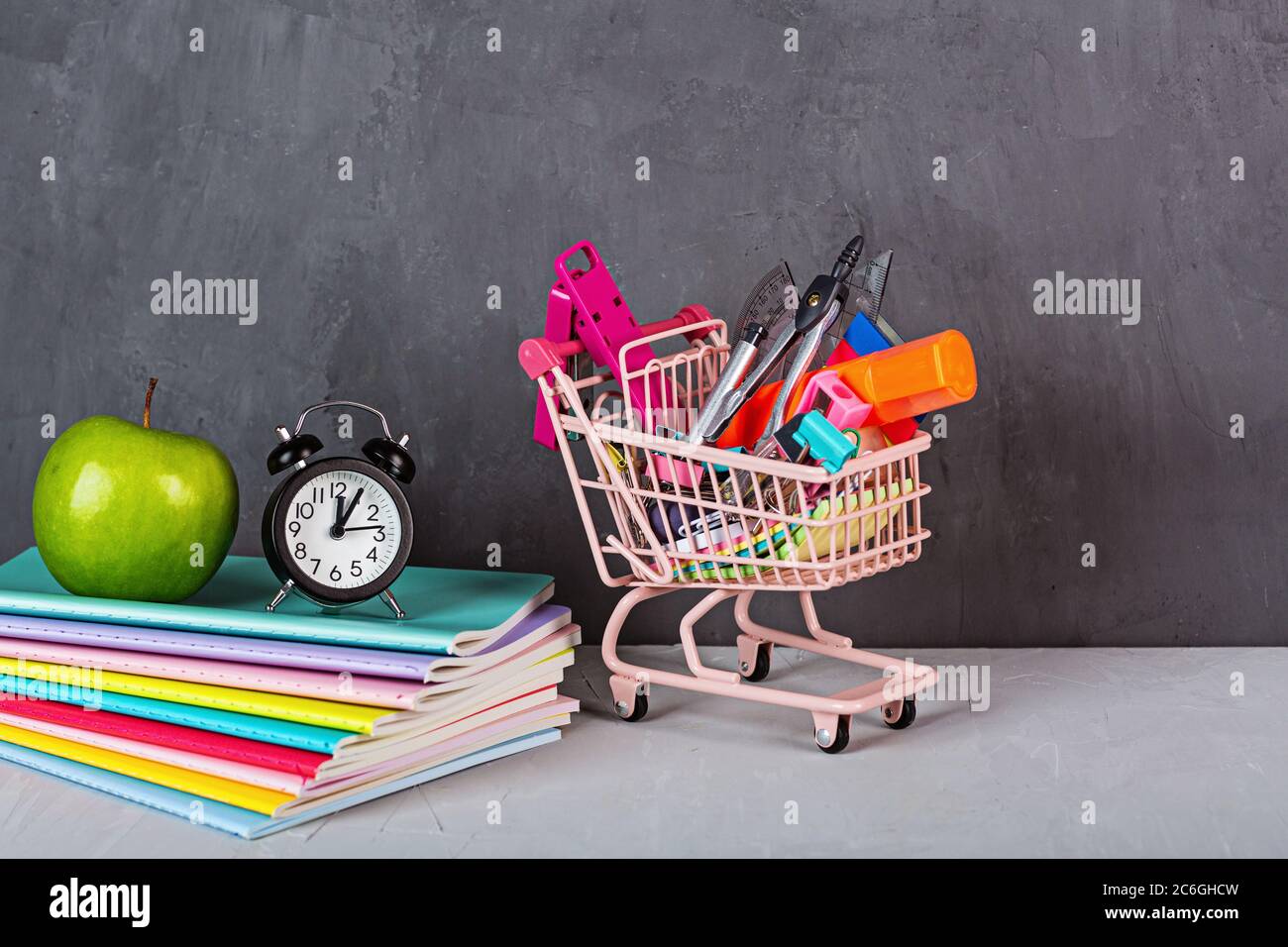 Back to School background with grocery cart. Collection of school ...