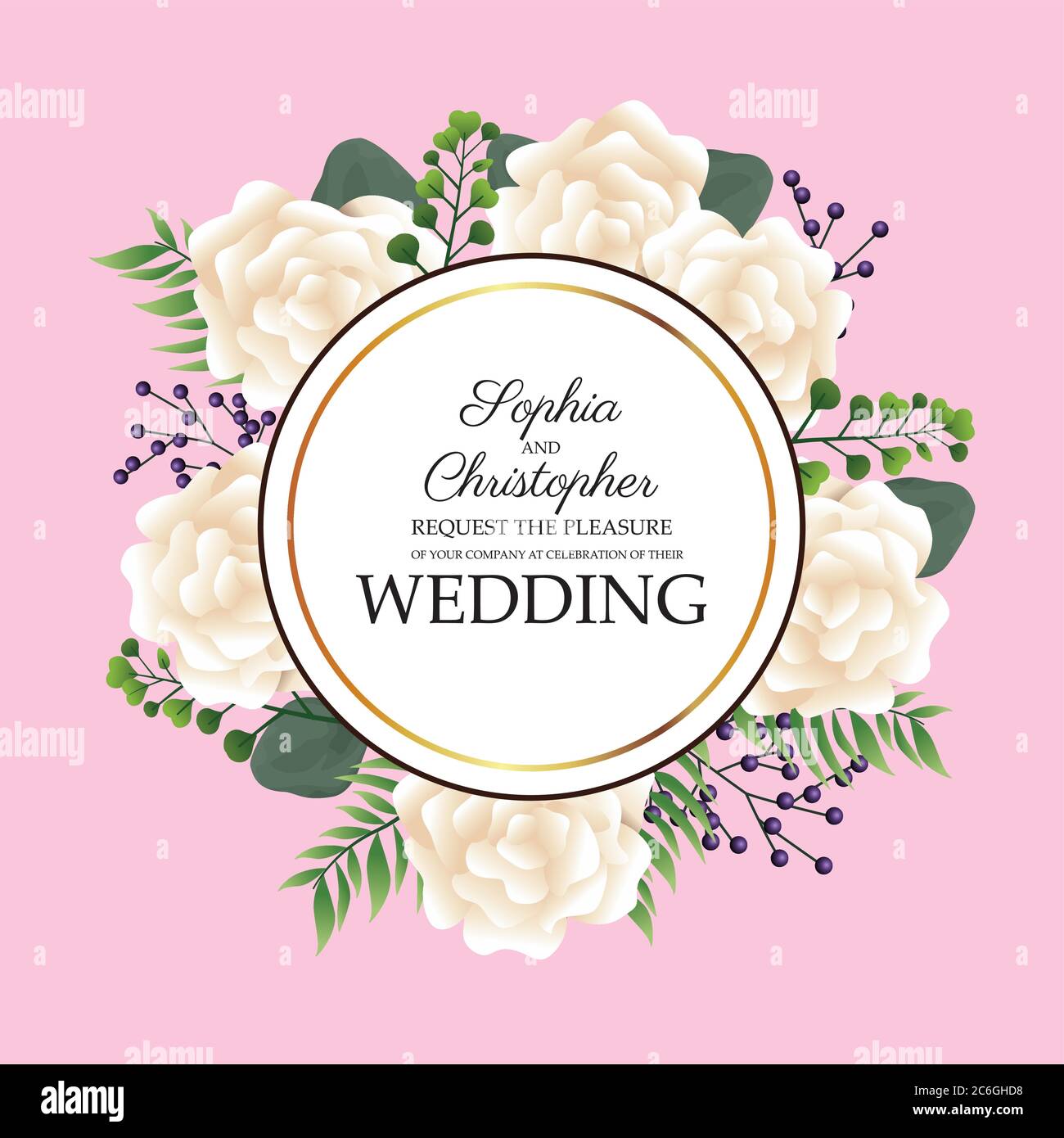 wedding Invitation with floral circular frame vector illustration ...