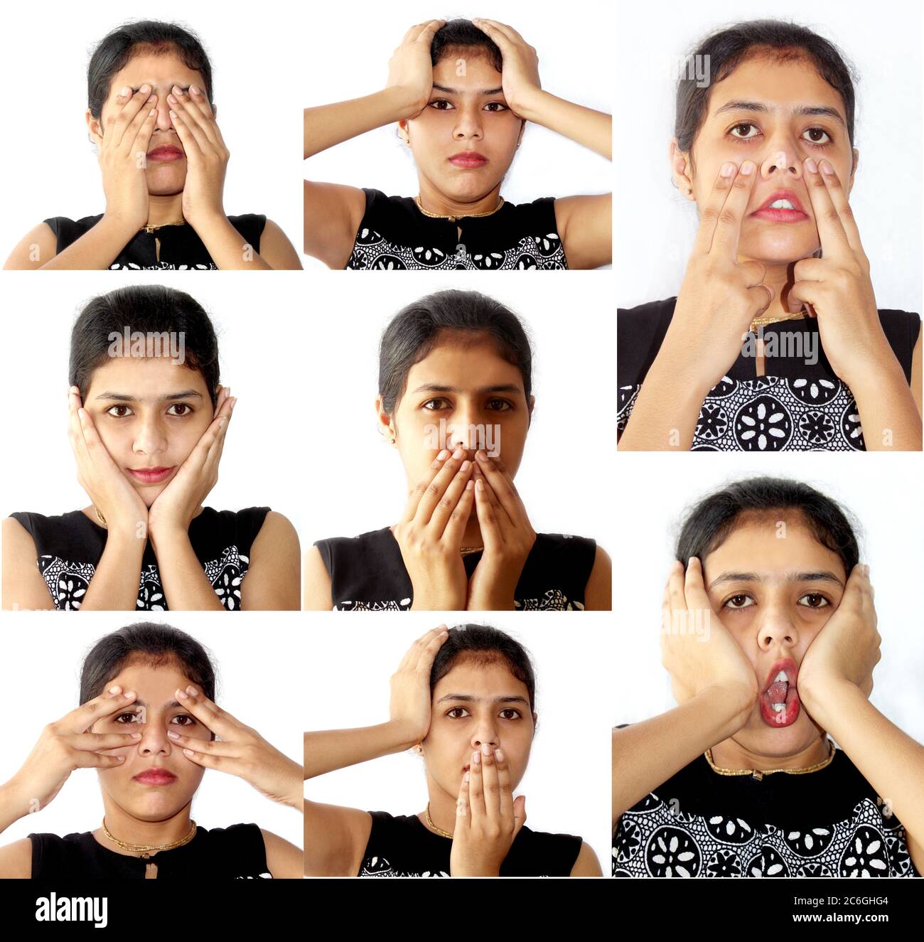 silly Asian young women making funny face collage portrait on white ...