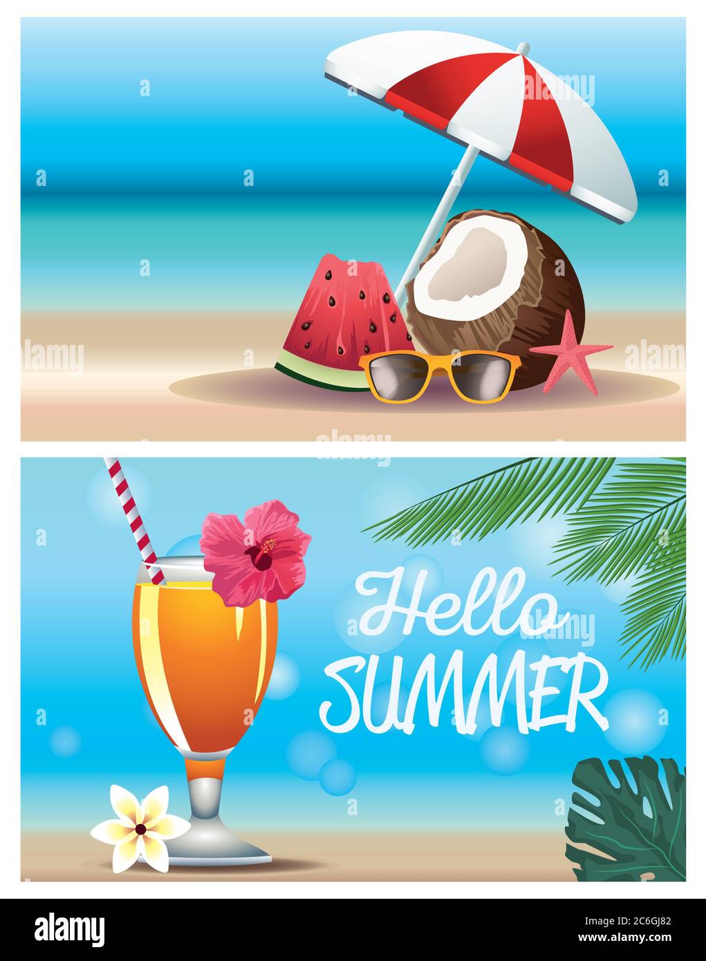 hello summer season holiday with coconut and cocktail vector ...
