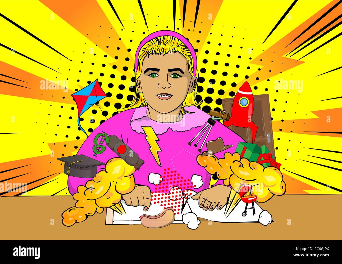 Happy cute girl reading a book. Education concept. Learning at home ...