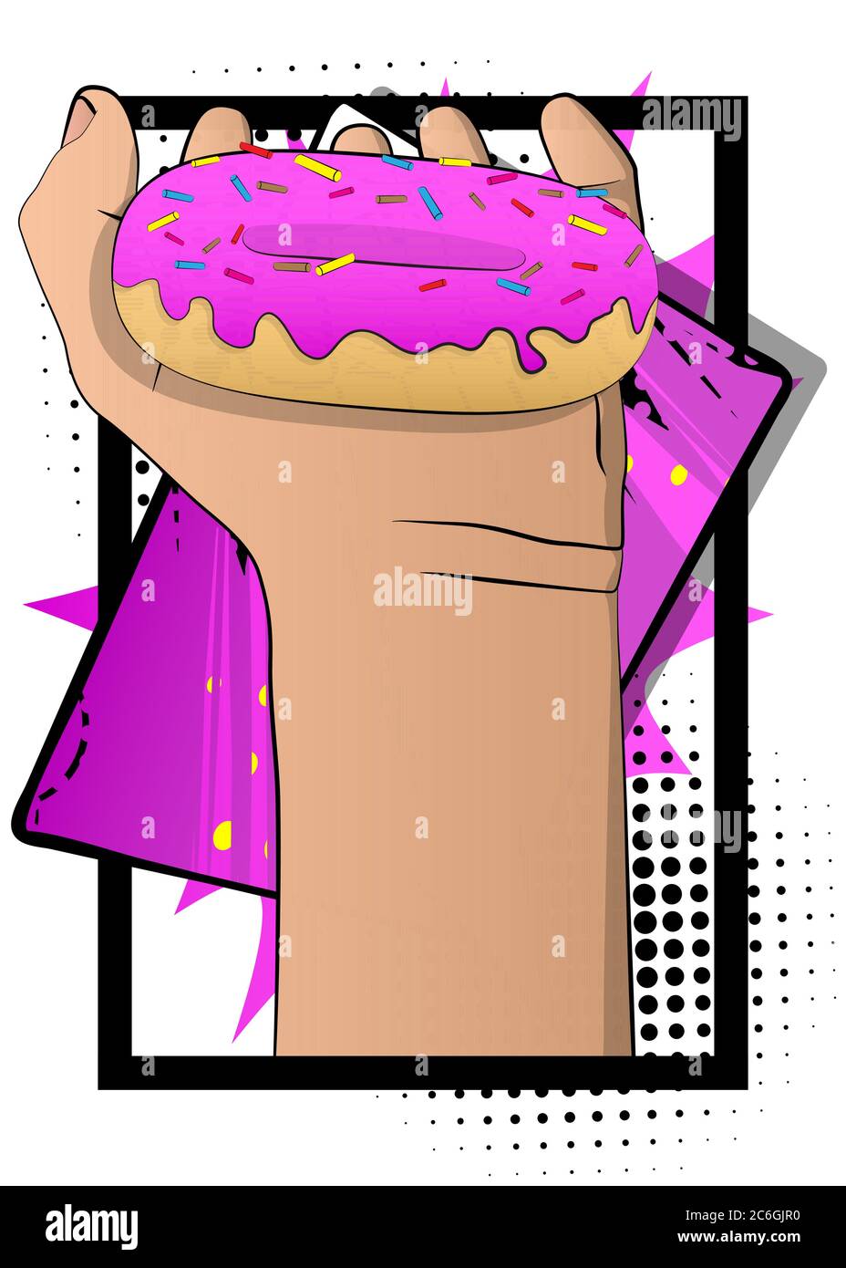 Hand holding donut with pink glaze - comic book style, cartoon vector ...