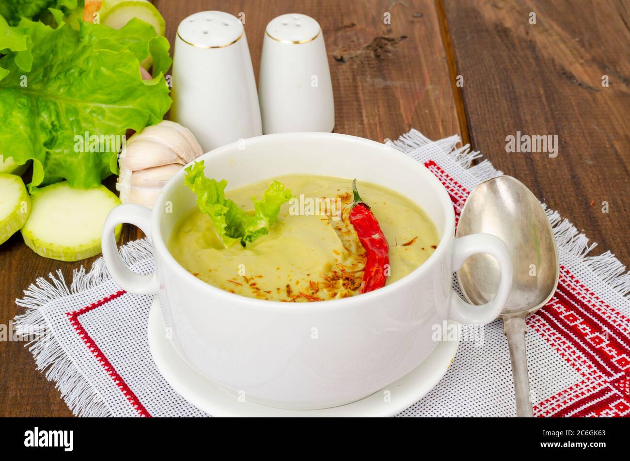 Spicy vegetarian vegetable puree soup green color, healthy eating Stock ...