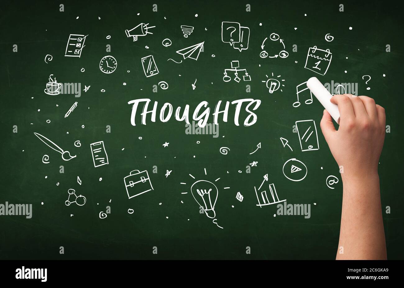 Hand drawing THOUGHTS inscription with white chalk on blackboard ...