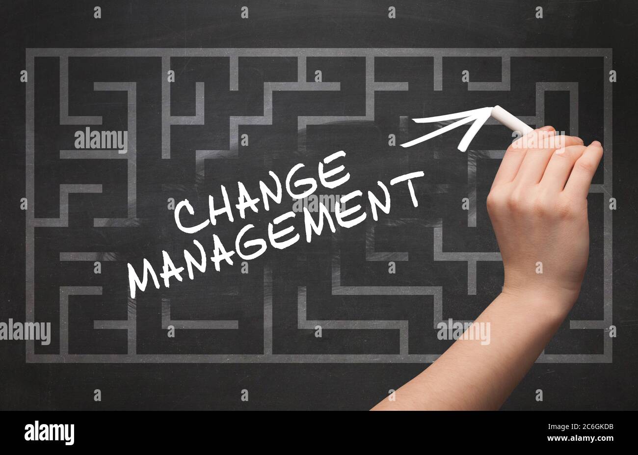 Hand drawing CHANGE MANAGEMENT inscription with white chalk on ...