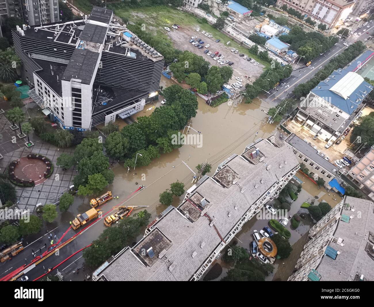 Aerial view of the ponding caused by heavy rain in Wuhan city, south ...
