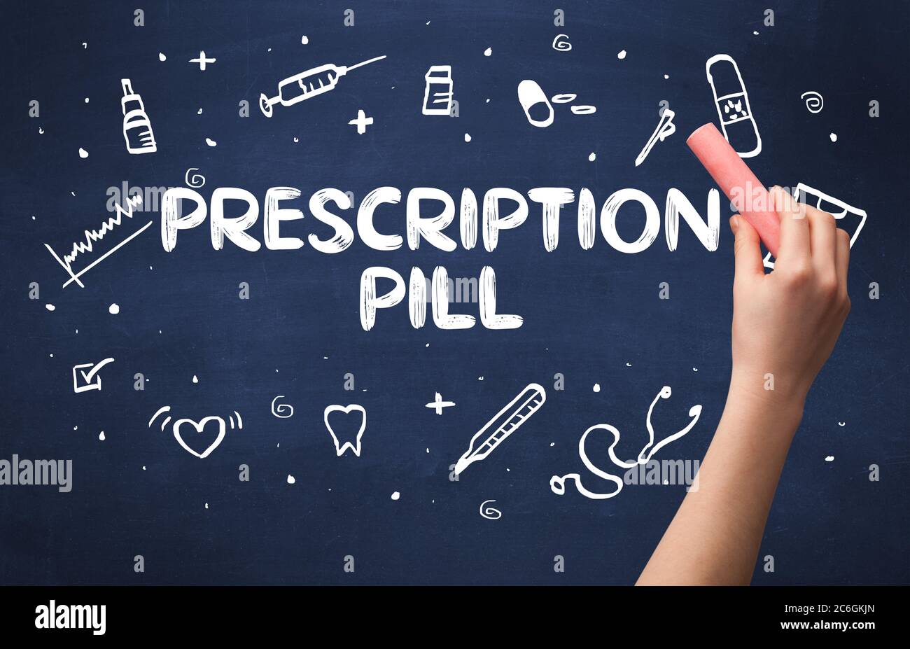 Hand drawing PRESCRIPTION PILL inscription with white chalk on ...