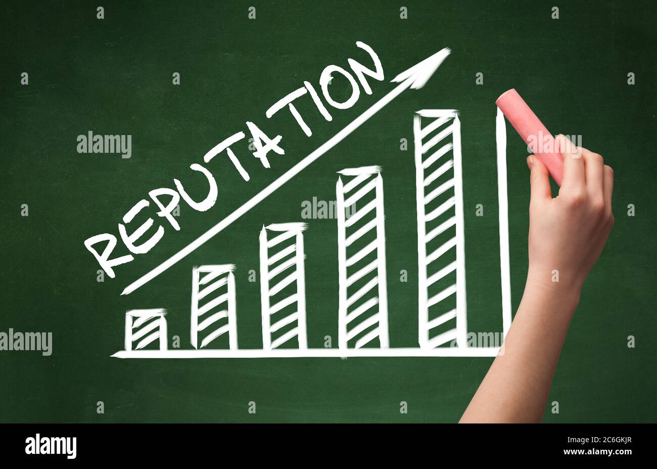 Hand drawing REPUTATION inscription with white chalk on blackboard ...