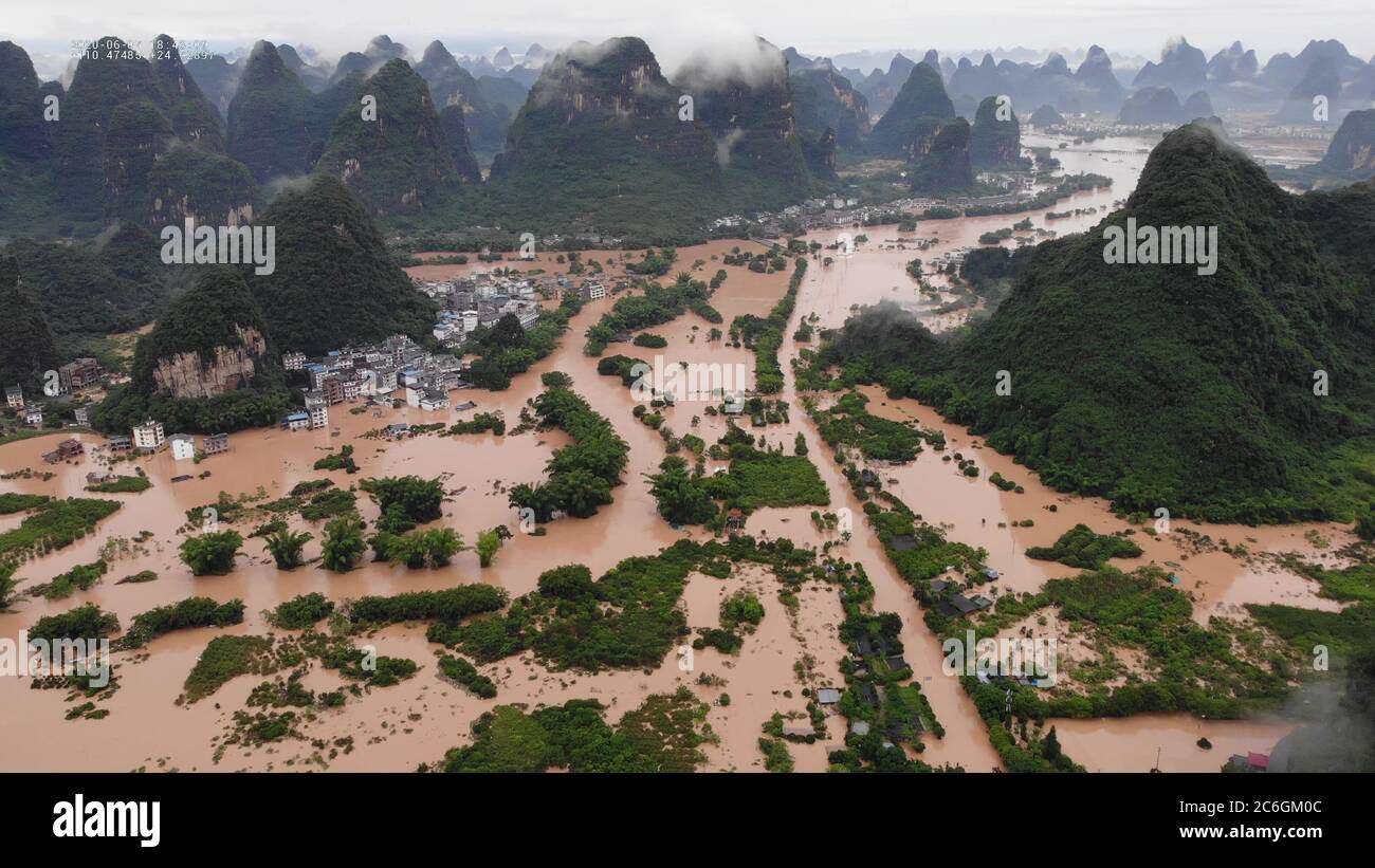 Aerial view of the flood caused by heavy rain in Yangshuo county ...