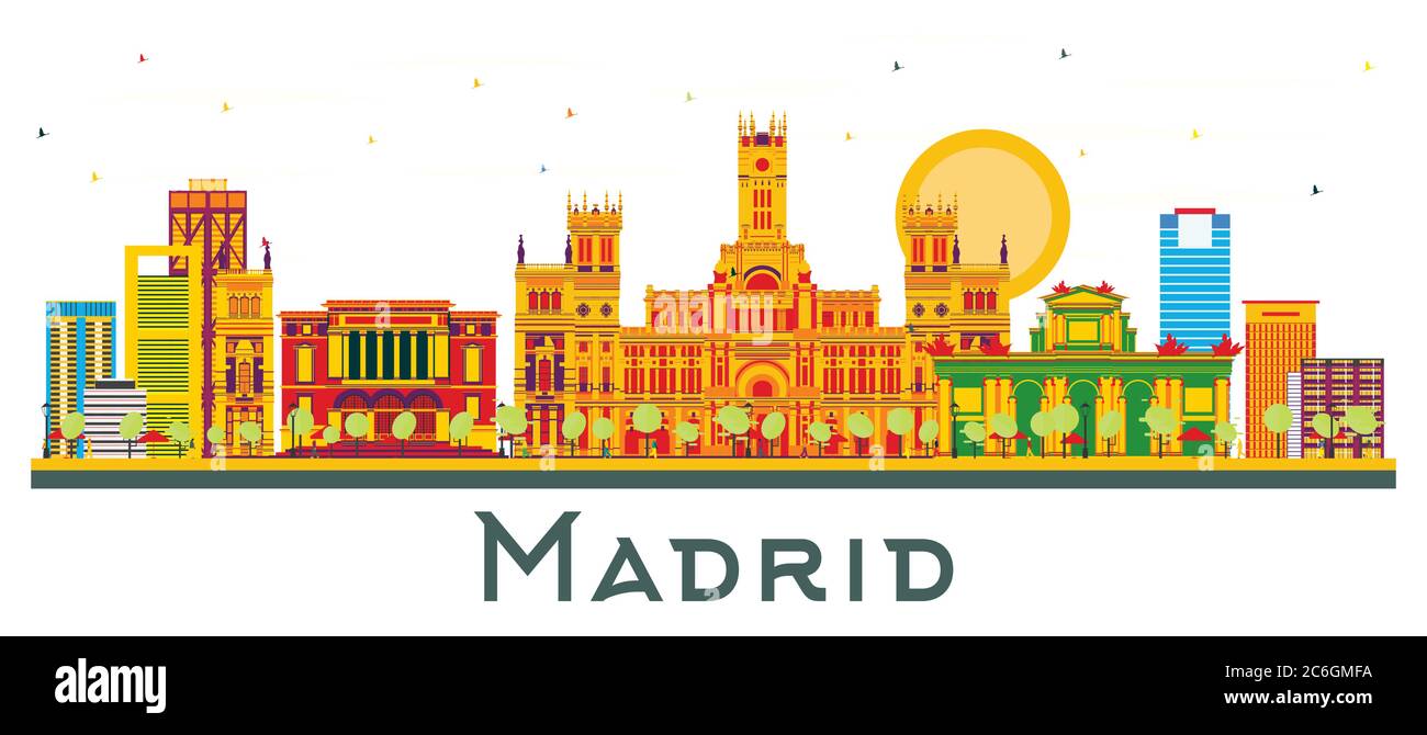 Madrid Spain City Skyline with Color Buildings Isolated on White ...