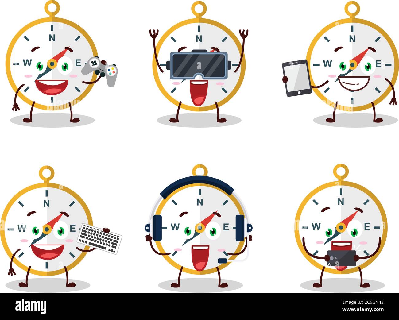 Compass cartoon character are playing games with various cute emoticons ...