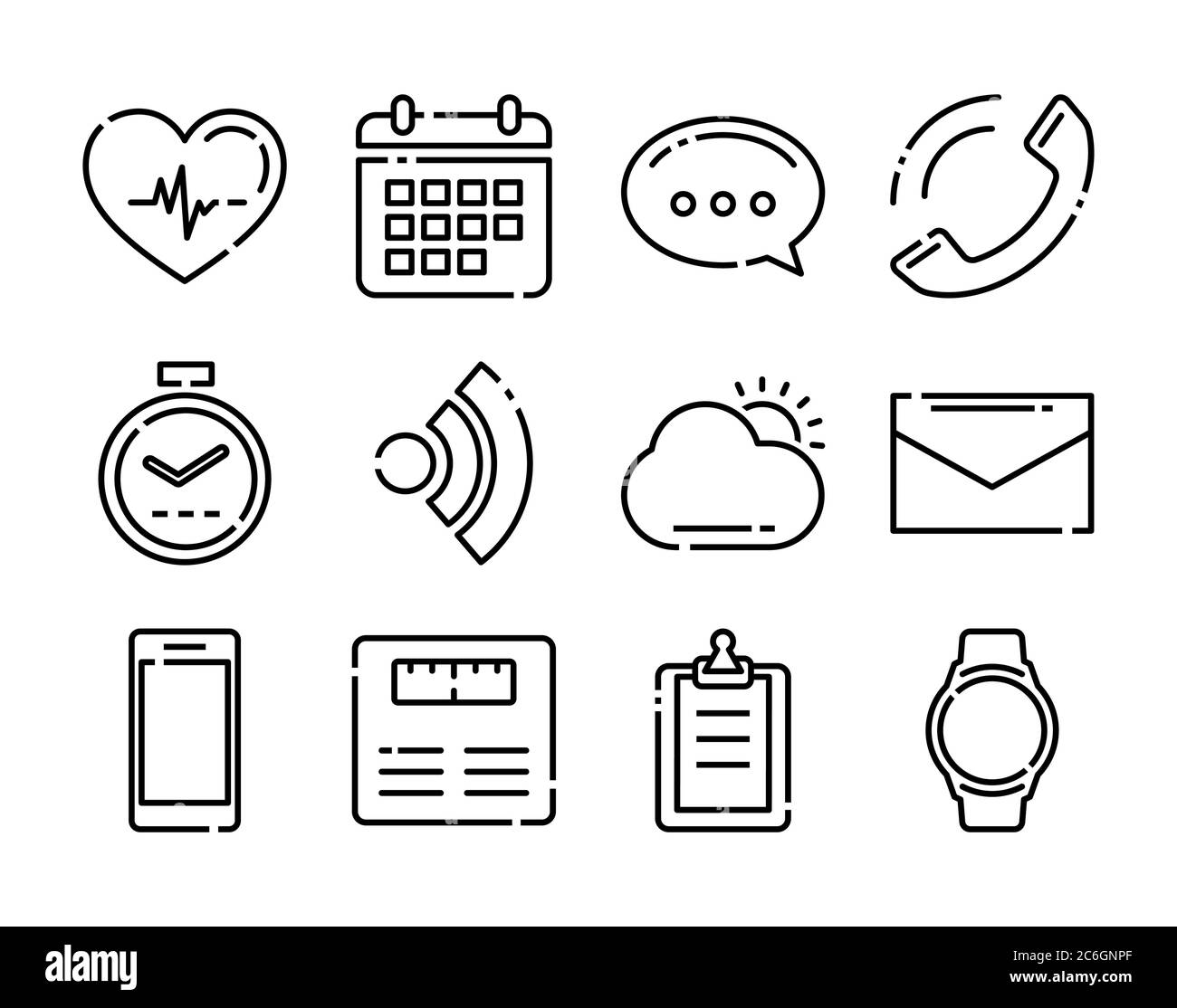 Thin line icons fitness tracker technology data with applications in ...