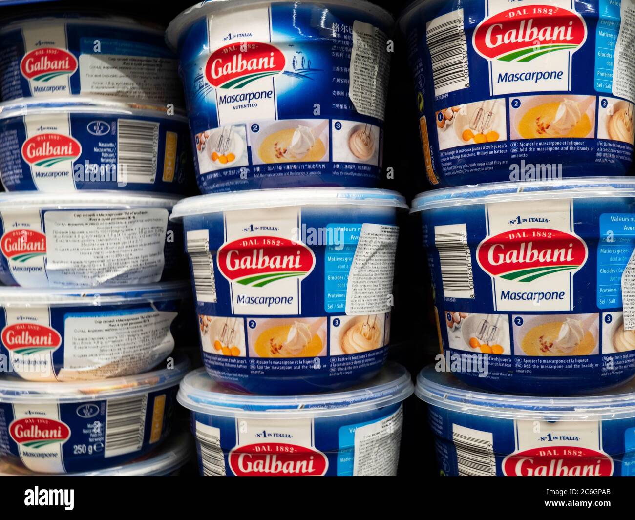 Jars of Mascarpone cheese Galbani Italian TM on shelfs in store ...