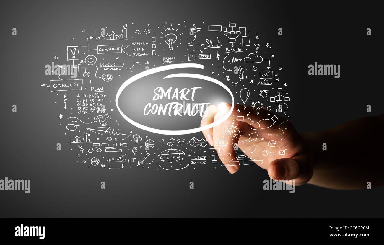 Hand touching SMART CONTRACT inscription, hand drawn icons around ...
