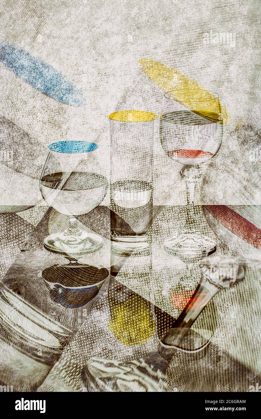 Collage with glass goblets on a reflective surface Stock Photo - Alamy