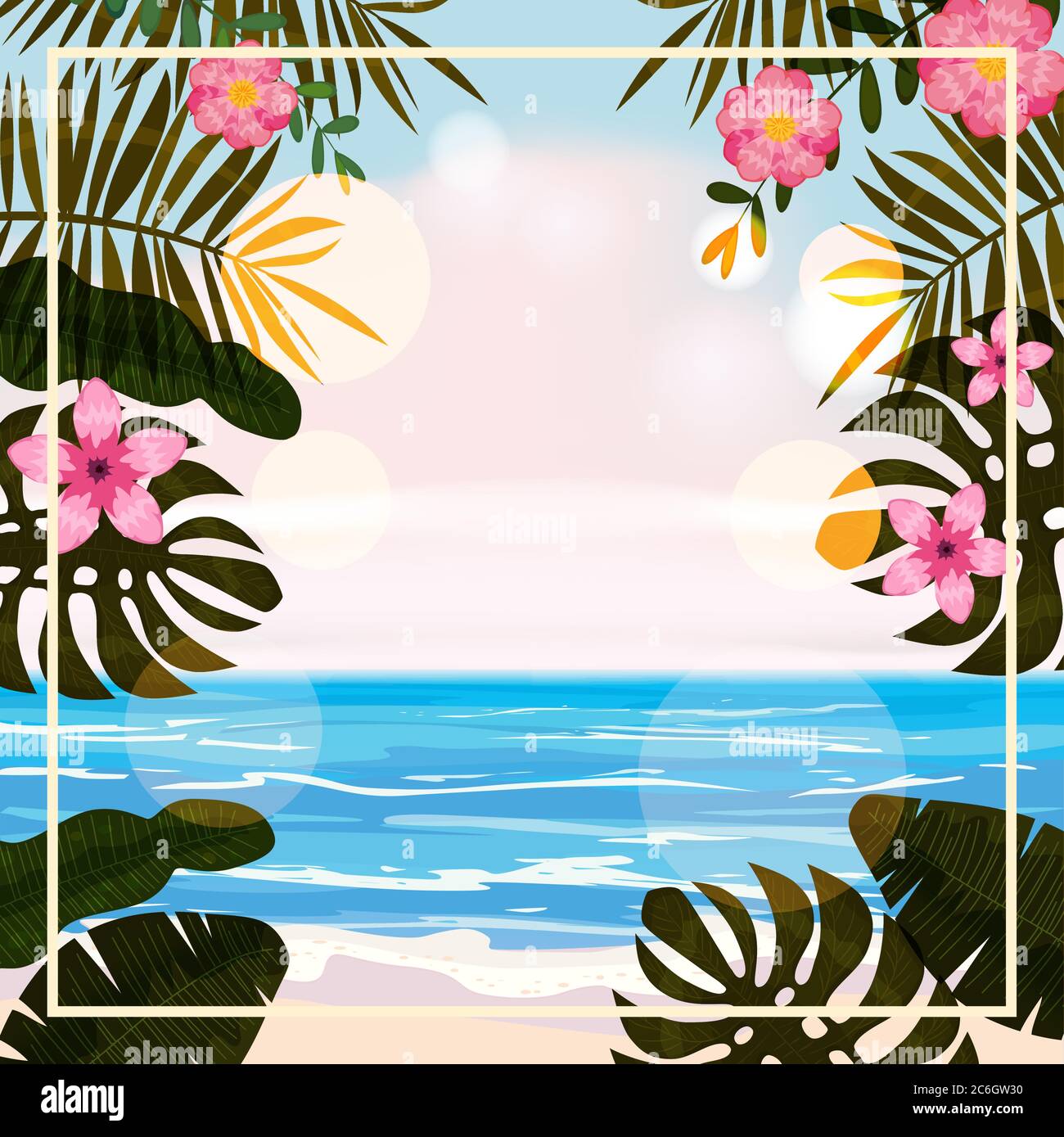Summer tropical background template with exotic palm leaves and plants ...