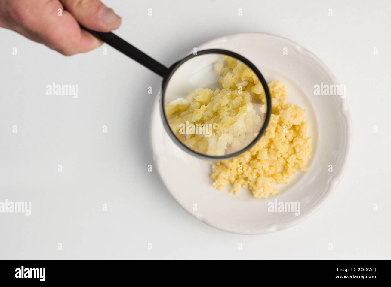Millet porridge on a white plate under a magnifying glass. Vegetarian ...