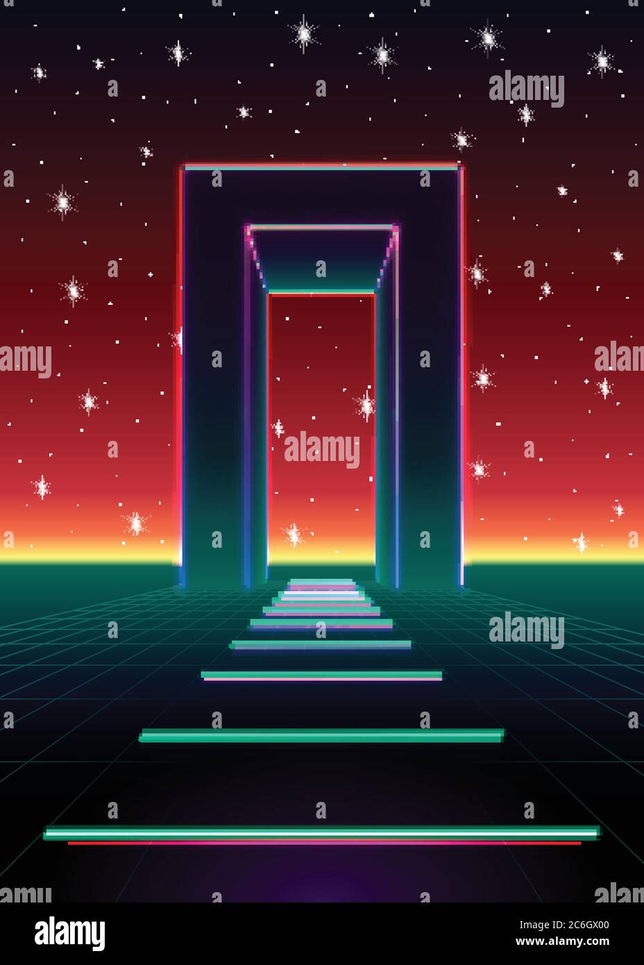 Neon 80s styled massive gate in retro game landscape with shiny road to ...
