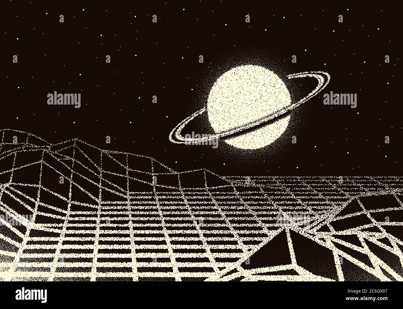 Retro dotwork landscape with 80s styled laser grid, planet and stars ...