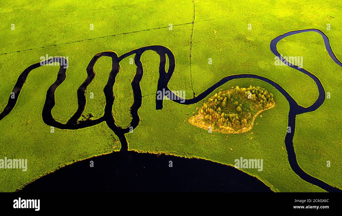 Aerial view of the wetland in Zhalong Nature Reserve in Qiqihar city ...