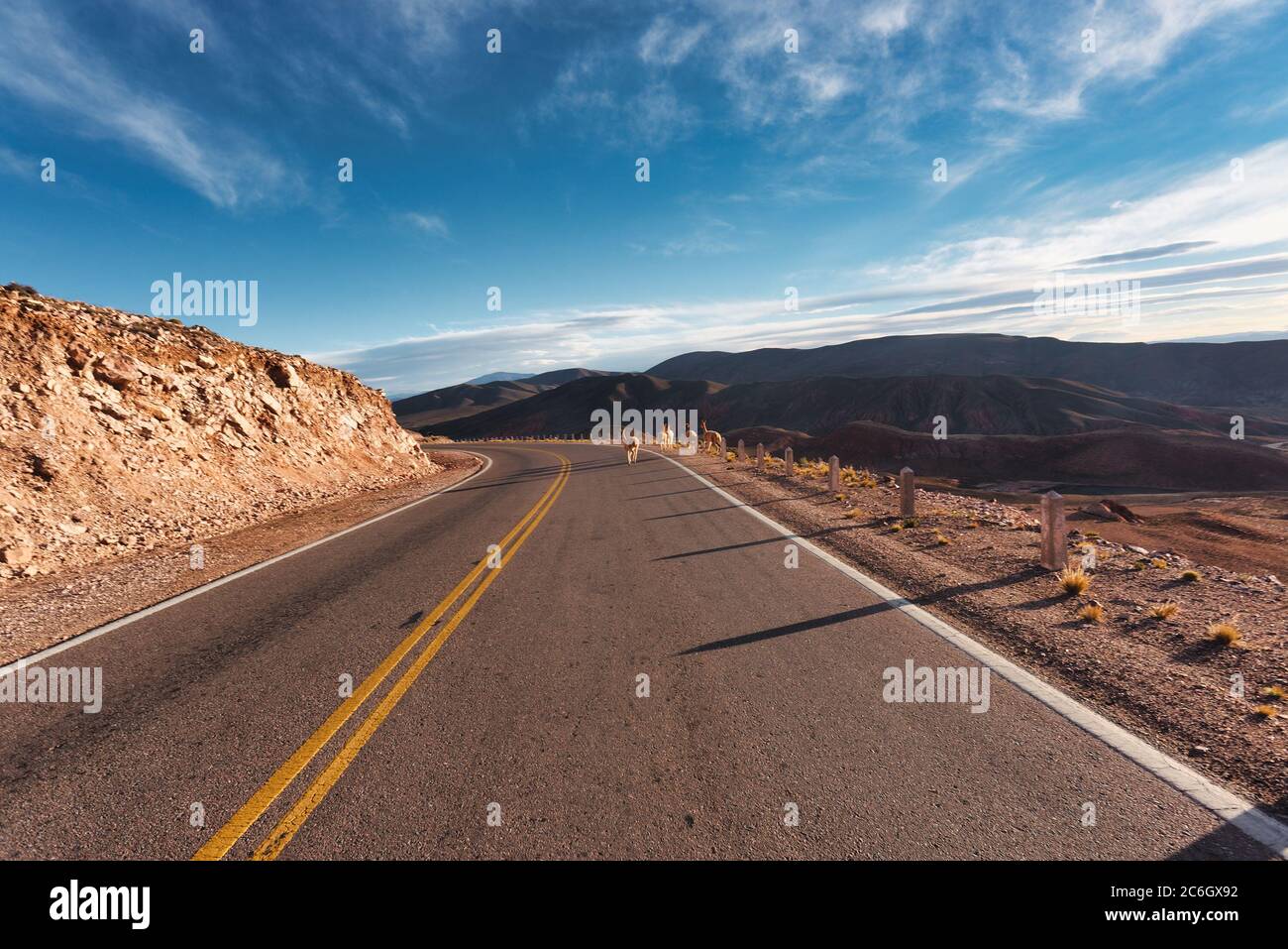 Cinematic road landscape. Humahuaca valley, Altiplano, Argentina. Misty ...
