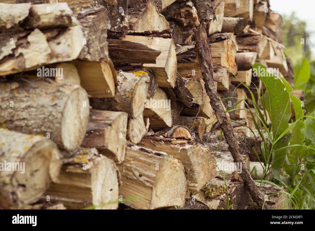 Stacked Fire Wood outside the cottage in the village summer day Stock ...