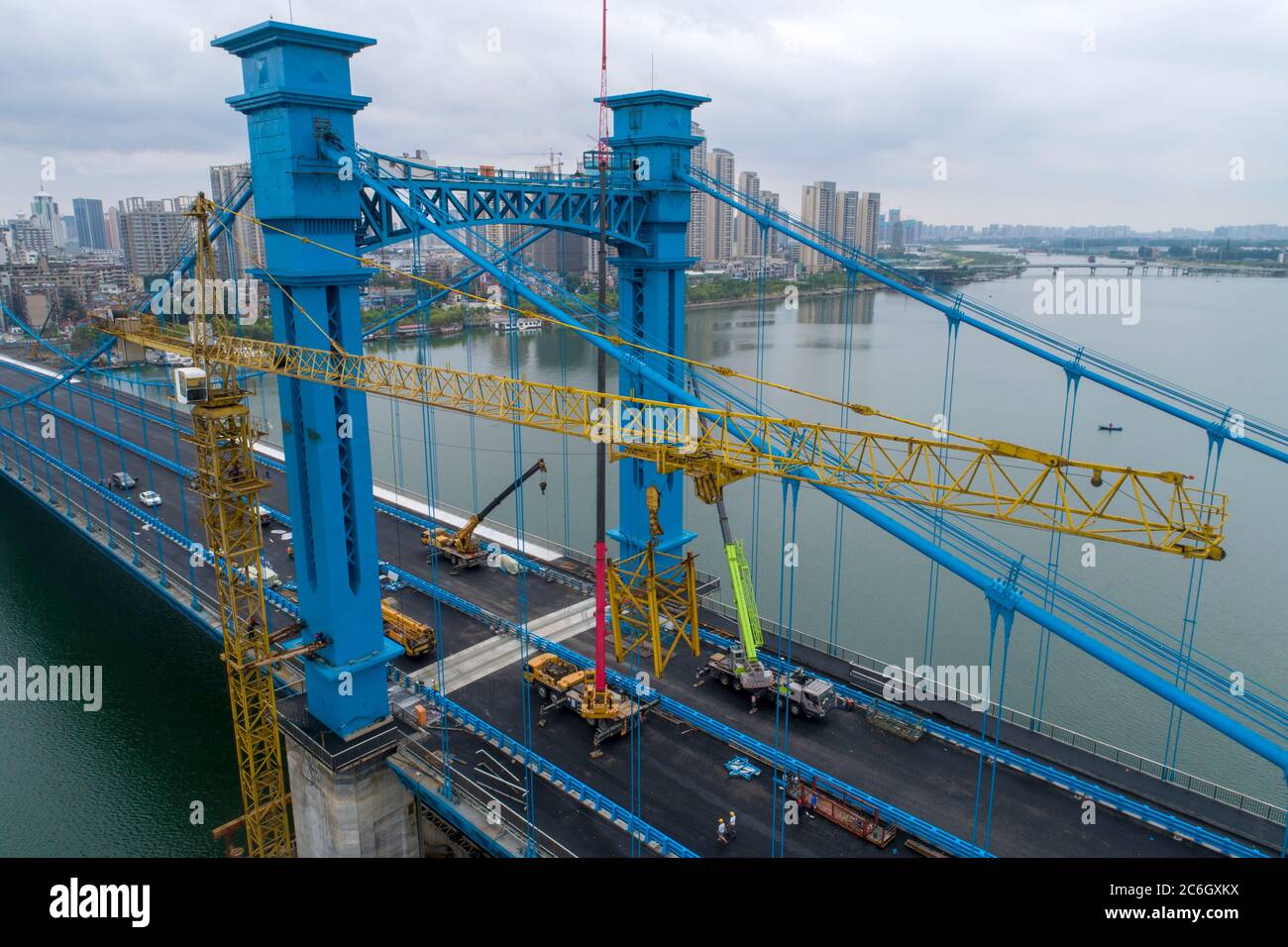 Aerial Photos show the construction site of Fengchu suspension bridge ...