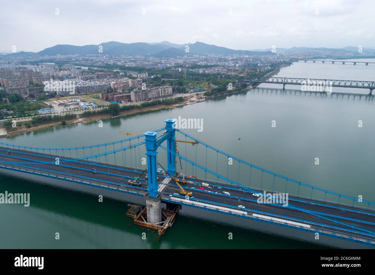 Aerial Photos show the construction site of Fengchu suspension bridge ...