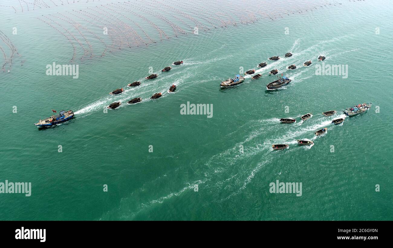 An aerial view of fishing boats forming a fleet and heading for the ...