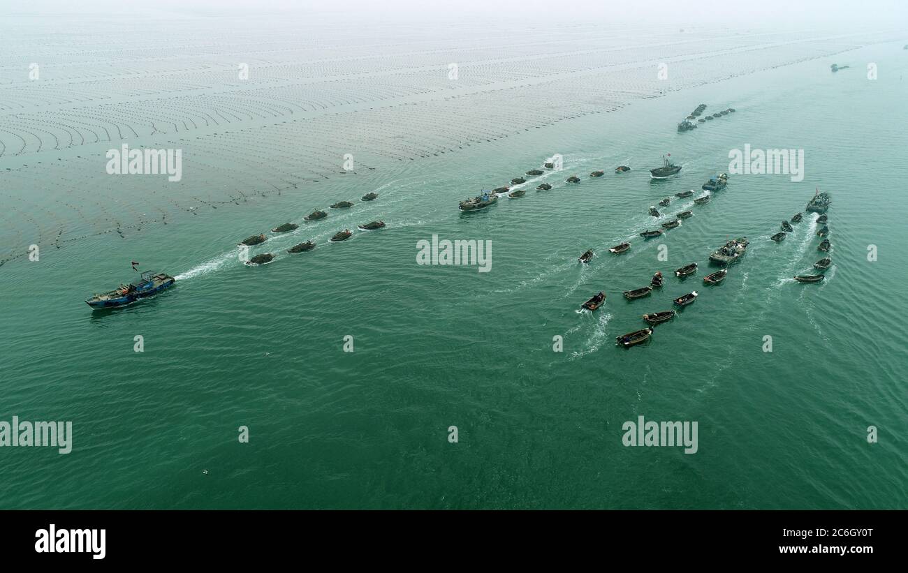 An aerial view of fishing boats forming a fleet and heading for the ...