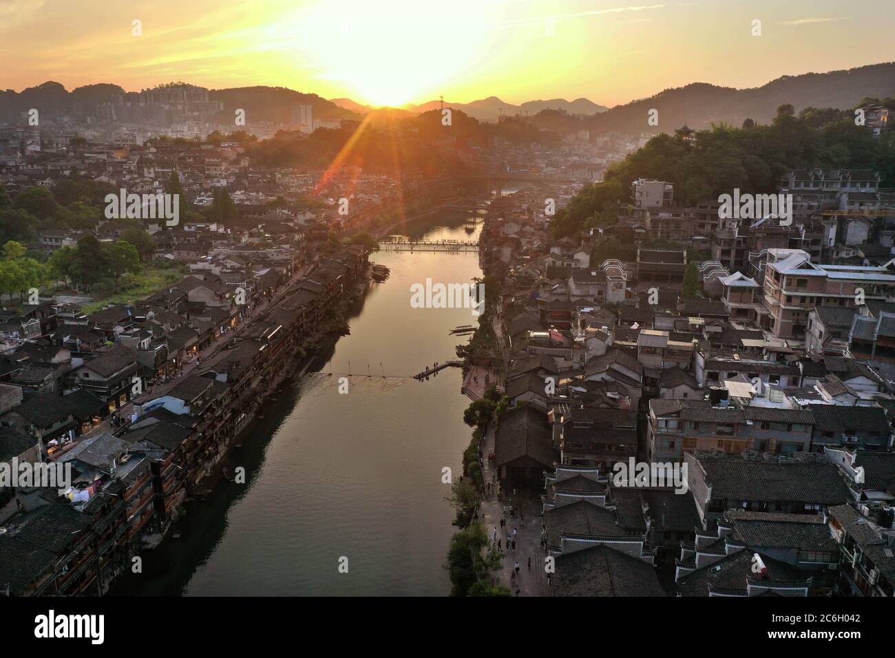 Aerial view of Fenghuang Ancient Town in Xiangxi autonomous prefecture ...