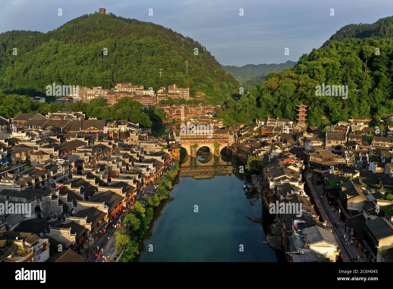 Aerial view of Fenghuang Ancient Town in Xiangxi autonomous prefecture ...