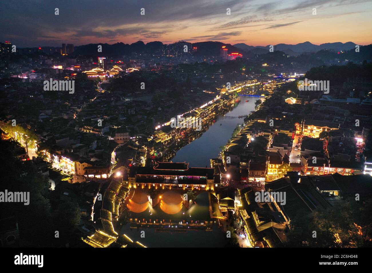 Aerial view of Fenghuang Ancient Town in Xiangxi autonomous prefecture ...