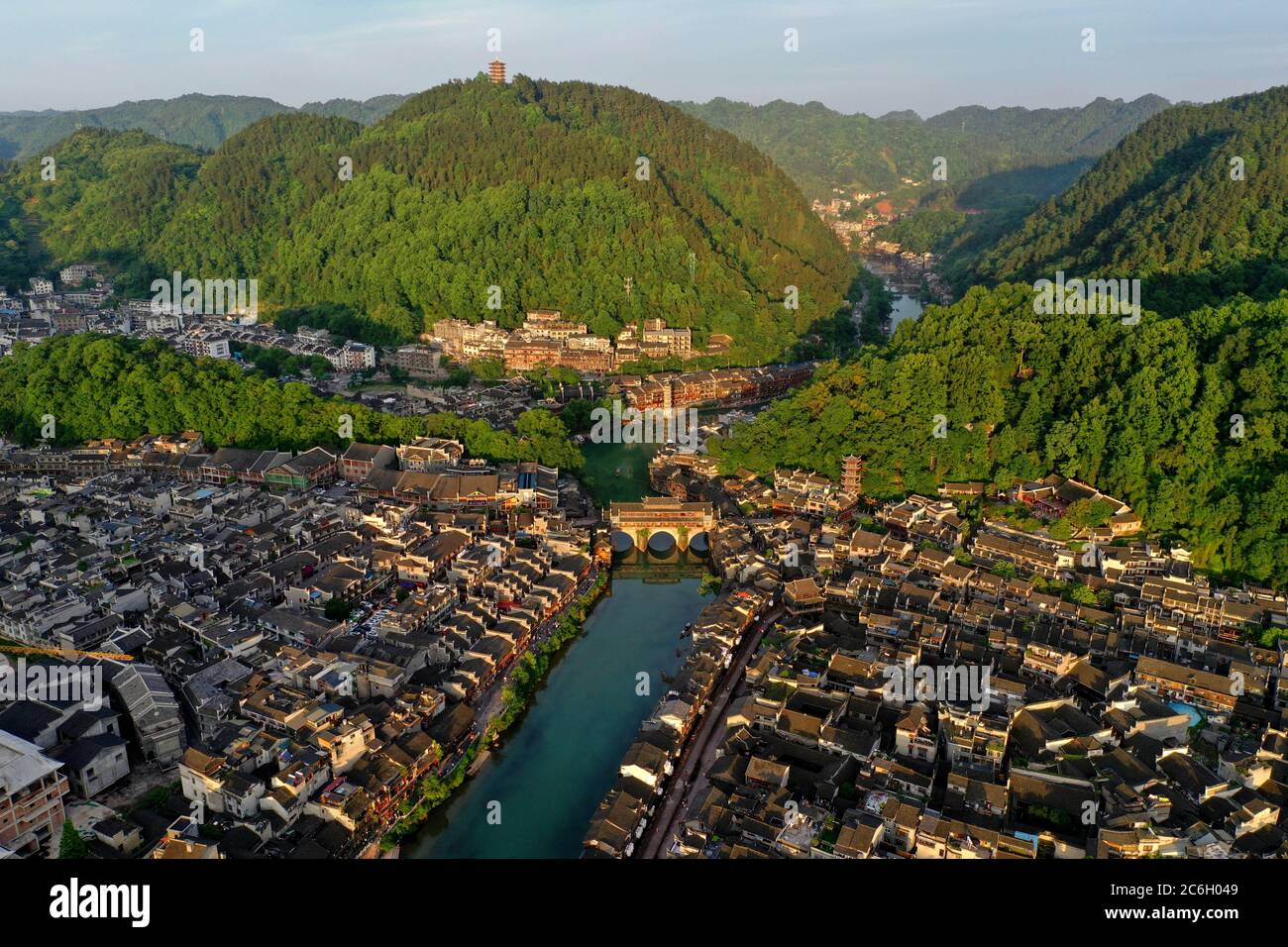 Aerial view of Fenghuang Ancient Town in Xiangxi autonomous prefecture ...