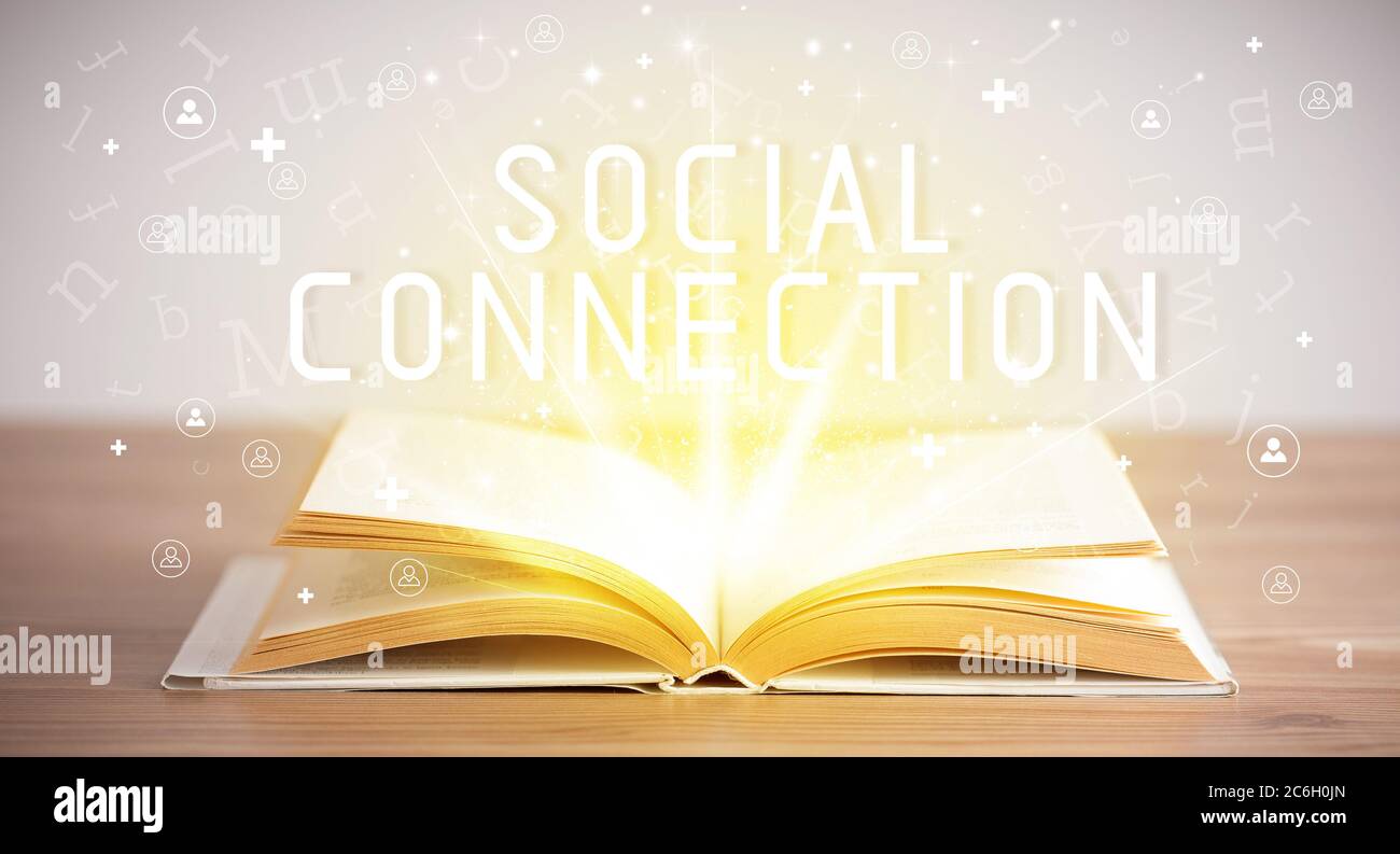 Open book with SOCIAL CONNECTION inscription, social media concept ...