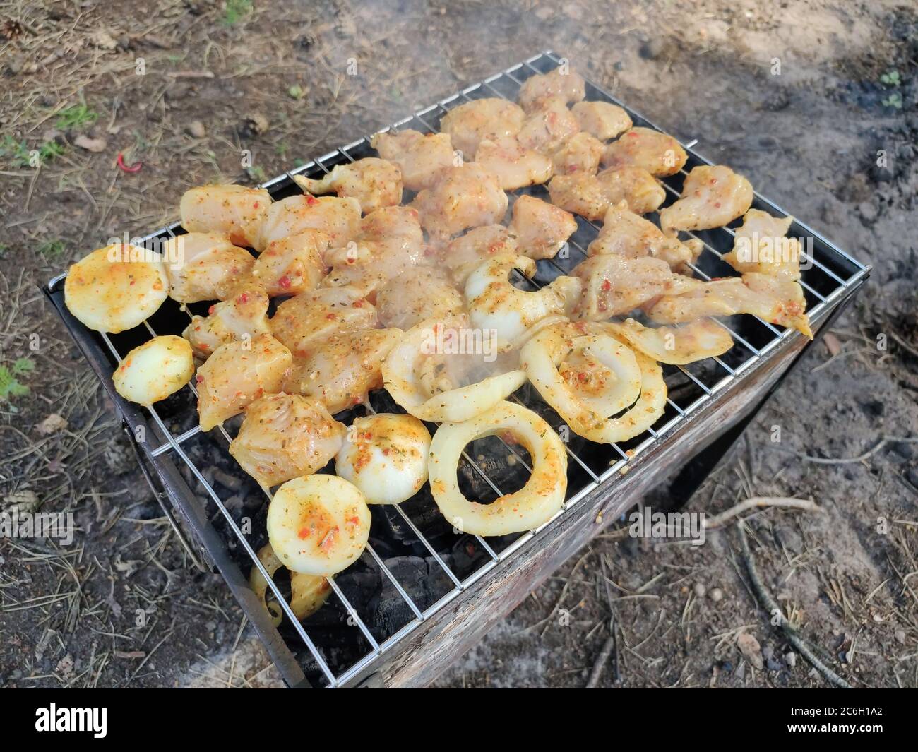 meat on barbecue grill in the forest Stock Photo - Alamy
